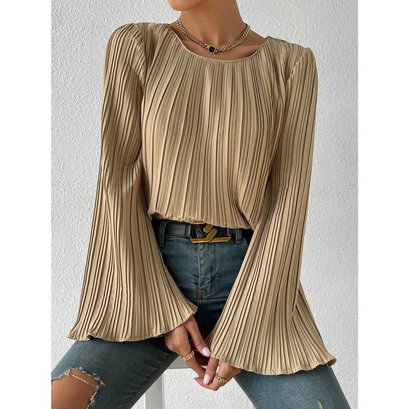 WILA | Tops | Solid Flounce Sleeve Plisse Blouse Bell Sleeve Black ...